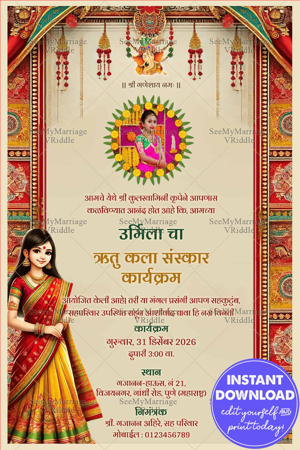 Marathi Half Saree Ceremony Invitation with Floral Frame Theme and Add ...