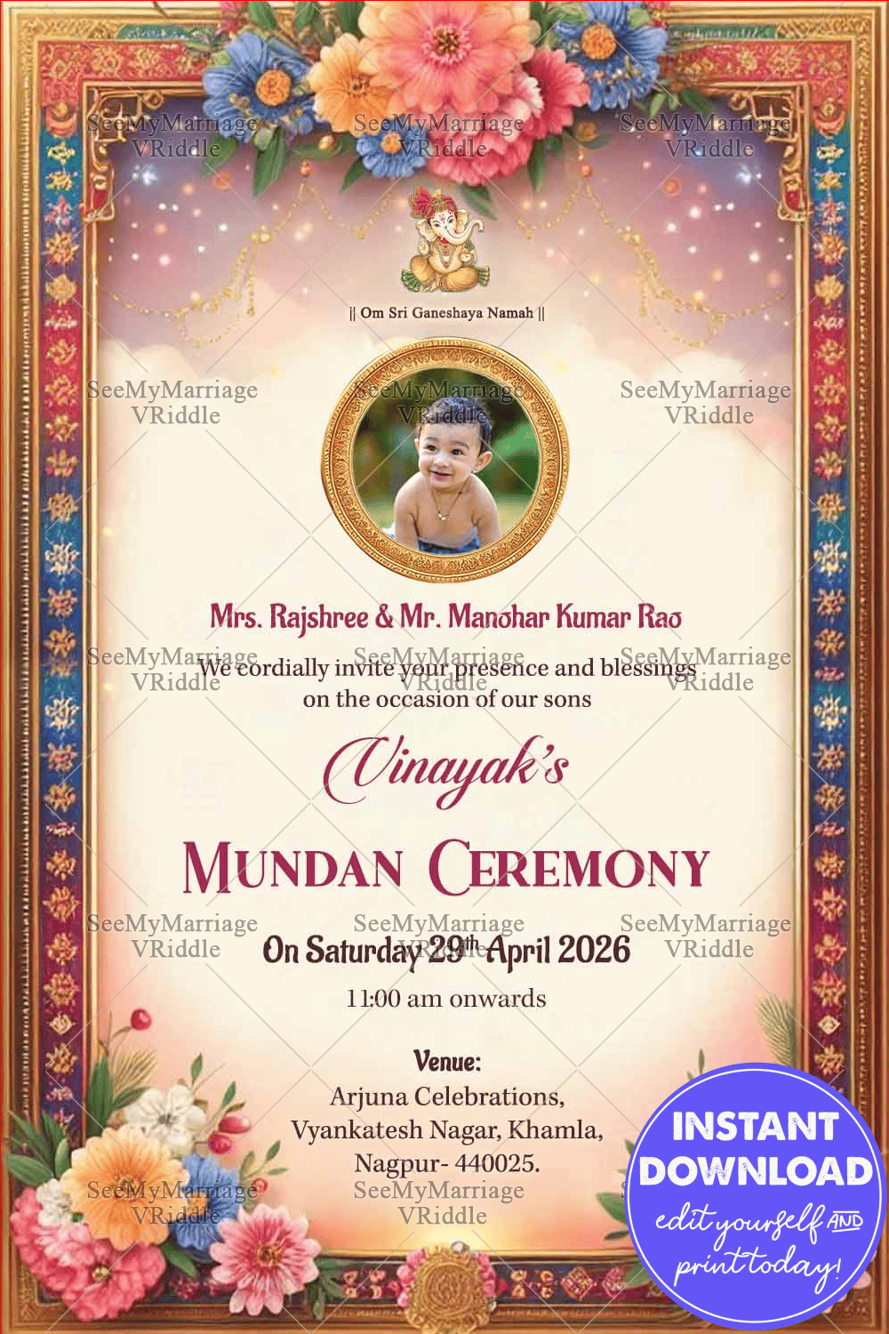 Pink Floral Theme Mundan Ceremony Invitation with Add Photo Background ...