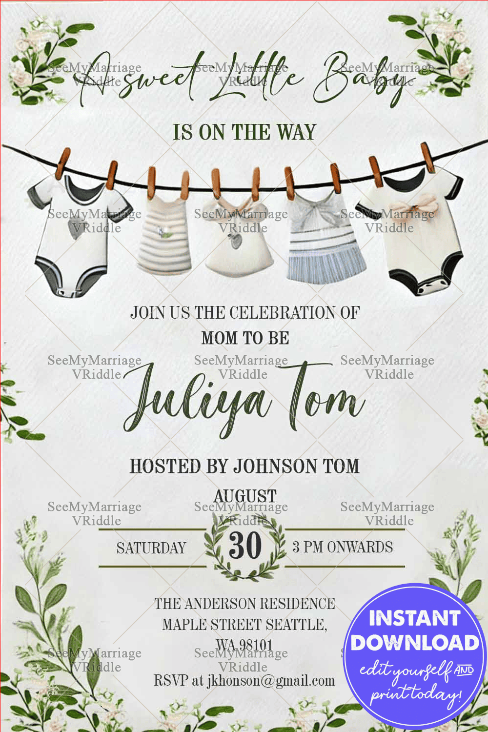 Simple Theme Baby Shower Invitation with White Blossoms and Greenery ...