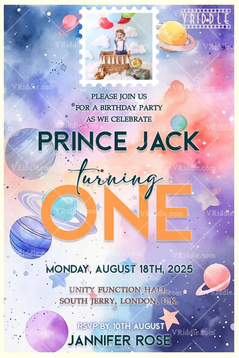 Little Prince’s First Birthday Invitation with Planetary Background ...