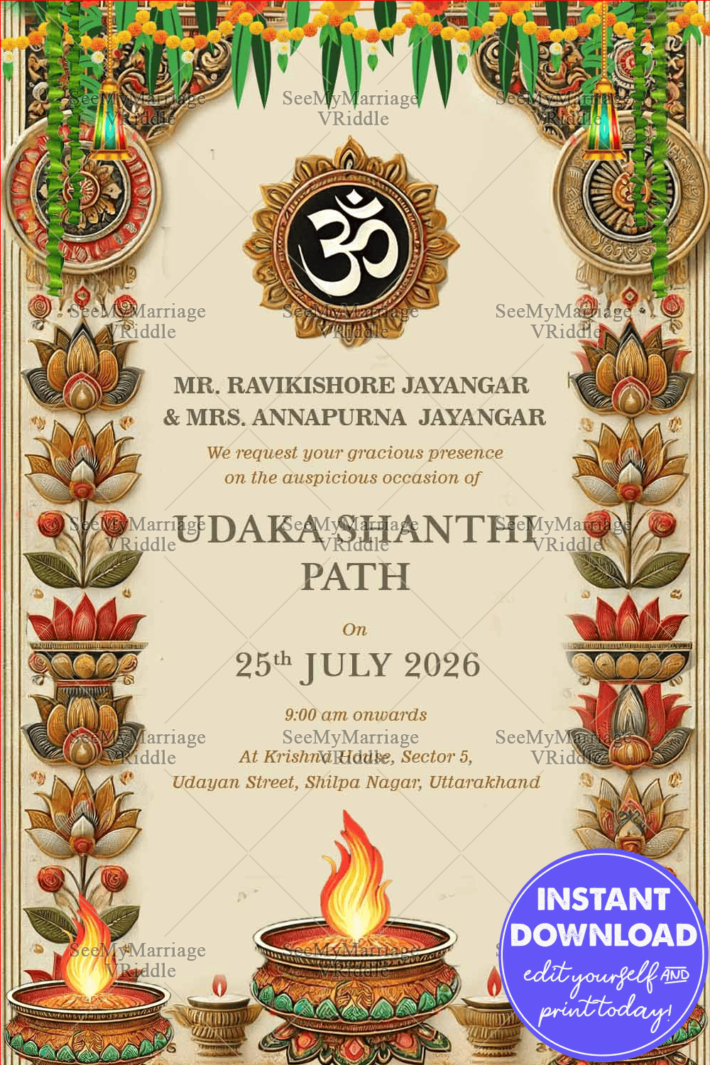 Spiritual Hindu Udaka Shanthi Path Invitation with Floral Theme and ...
