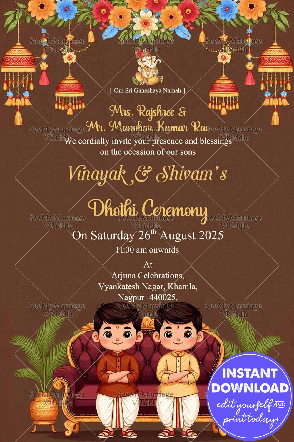 Traditional Dhoti Ceremony Invitation with Floral Hanging Theme ...