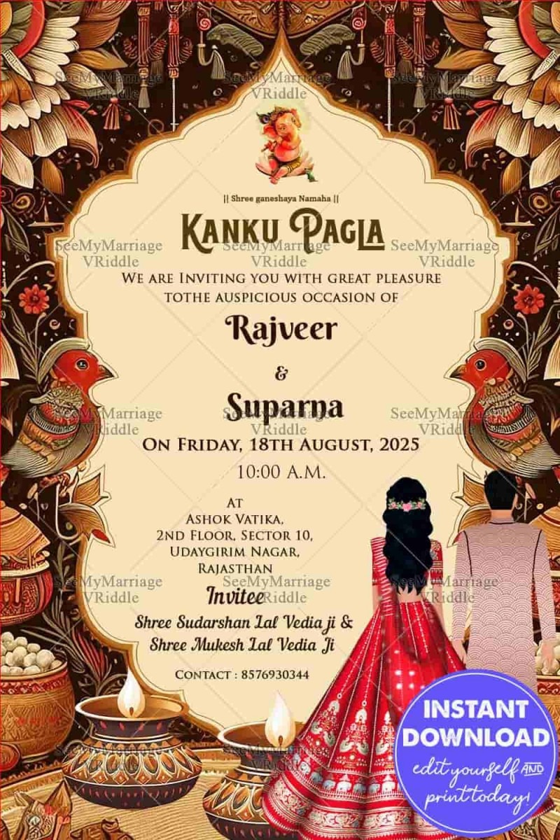 Traditional Kanku Pagla Ceremony Invitation with Floral and Paisley ...