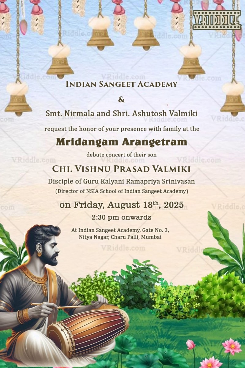 Traditional and Artistic Mridangam Arangetram Invitation with Lush ...