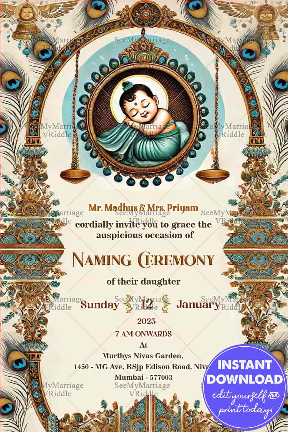 Vintage Peacock-Themed Naming Ceremony Invitation with White Color ...