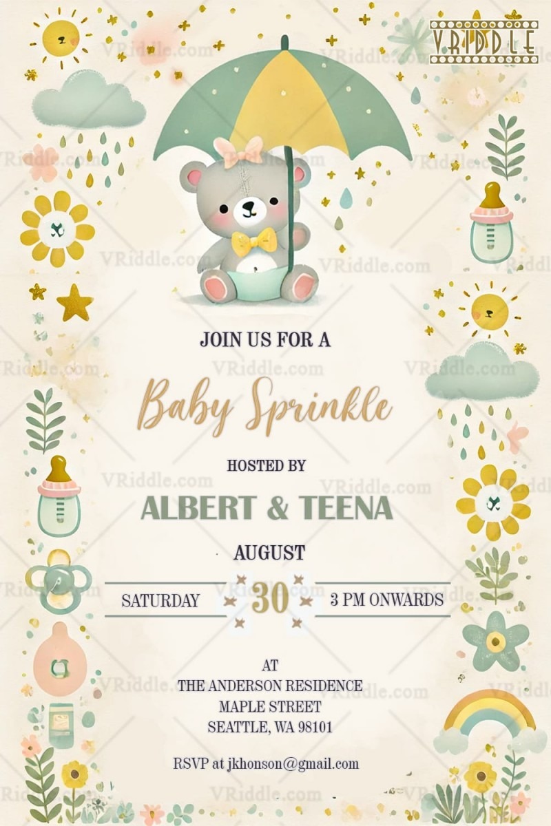 Whimsical Pastel Baby Sprinkle Invitation with Teddy Bear Theme ...