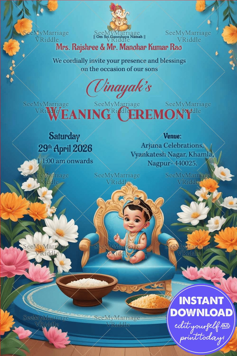Adorable Weaning Ceremony Invitation with Blue Theme and Daisies ...