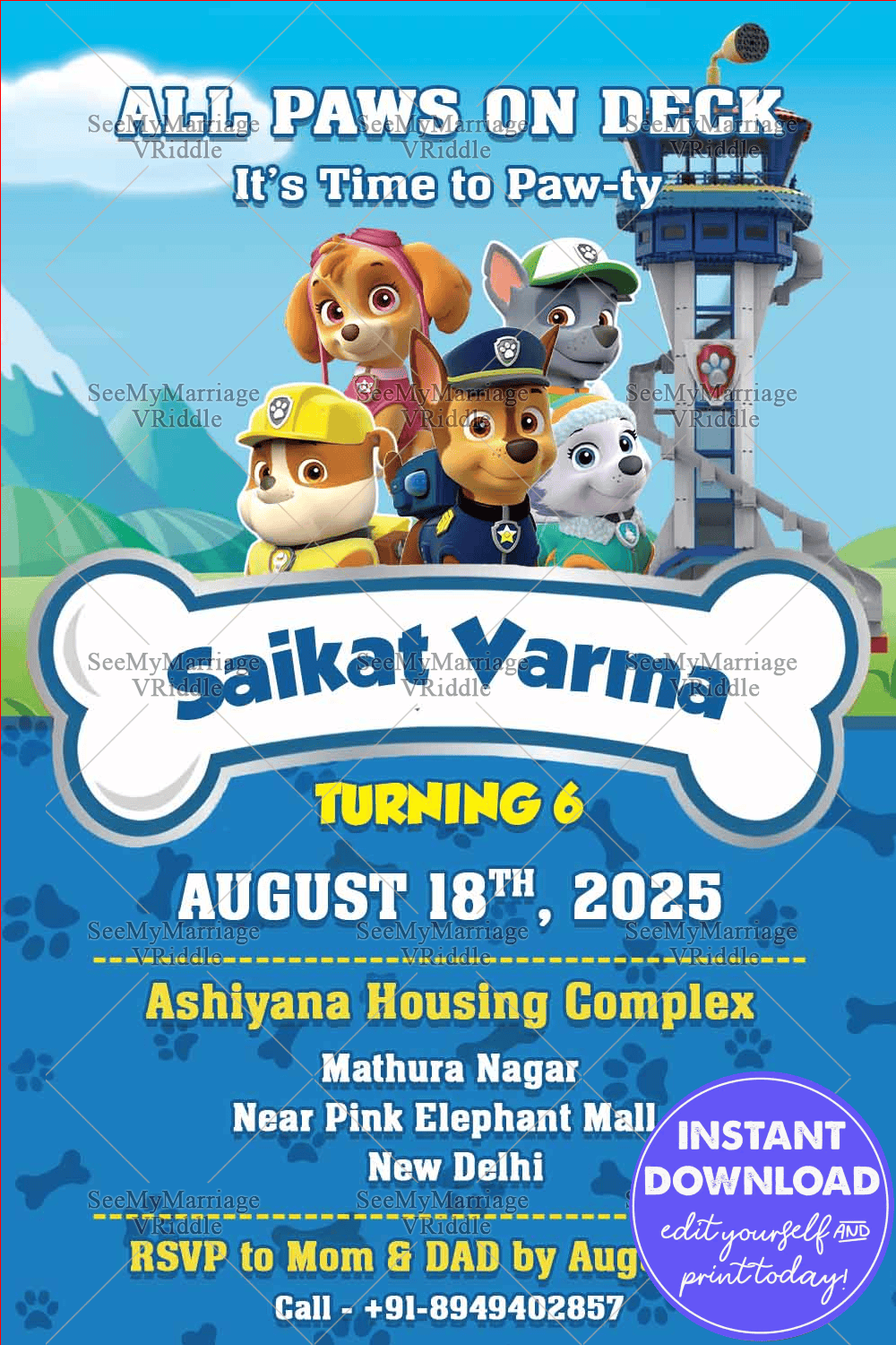 Adventurous Paw Patrol Theme Birthday Party Invitation with Blue Color Background – SeeMyMarriage