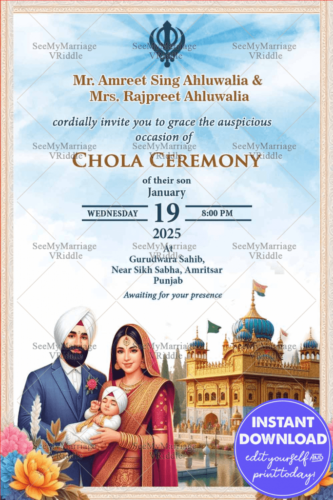 Blue Theme Punjabi Chola Ceremony Invitation with Family Illustration ...