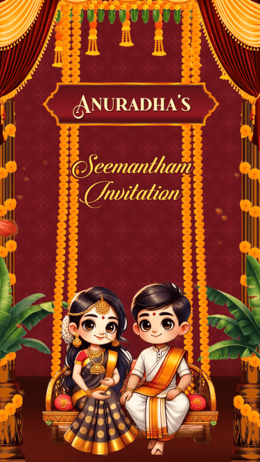 Charming Cartoon Seemantham Invitation Video with Maroon Theme and Gold ...
