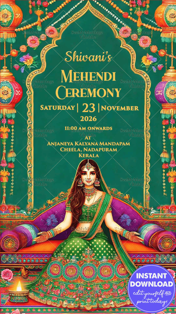 Colorful Mehendi Ceremony Invitation with Green Color Theme and Floral ...