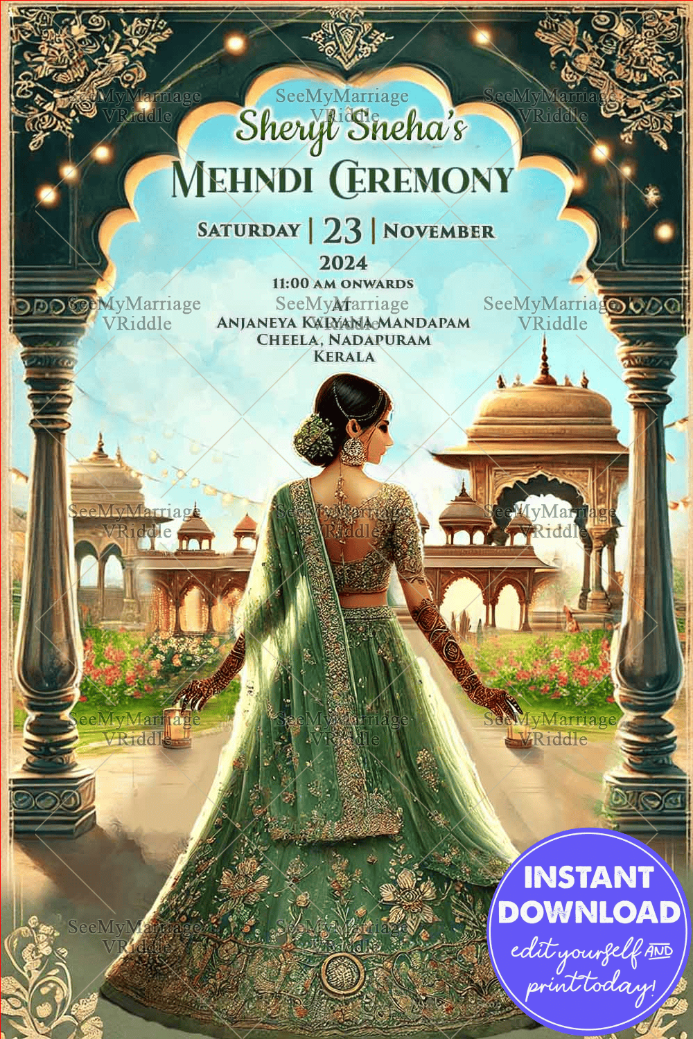 Exquisite Mehendi Ceremony Invitation with Bride Illustration and ...