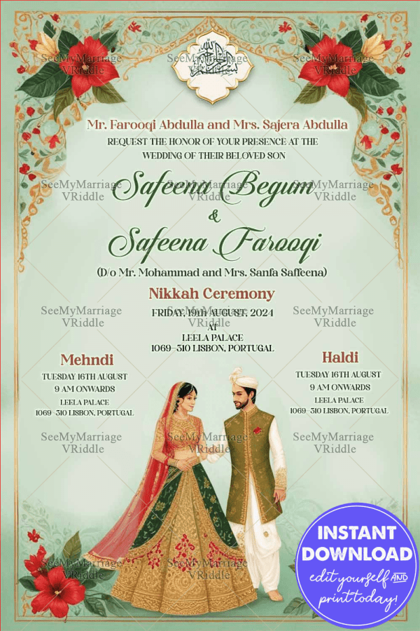 Floral Bliss Nikkah Ceremony Wedding Invitation Card with Light Green ...