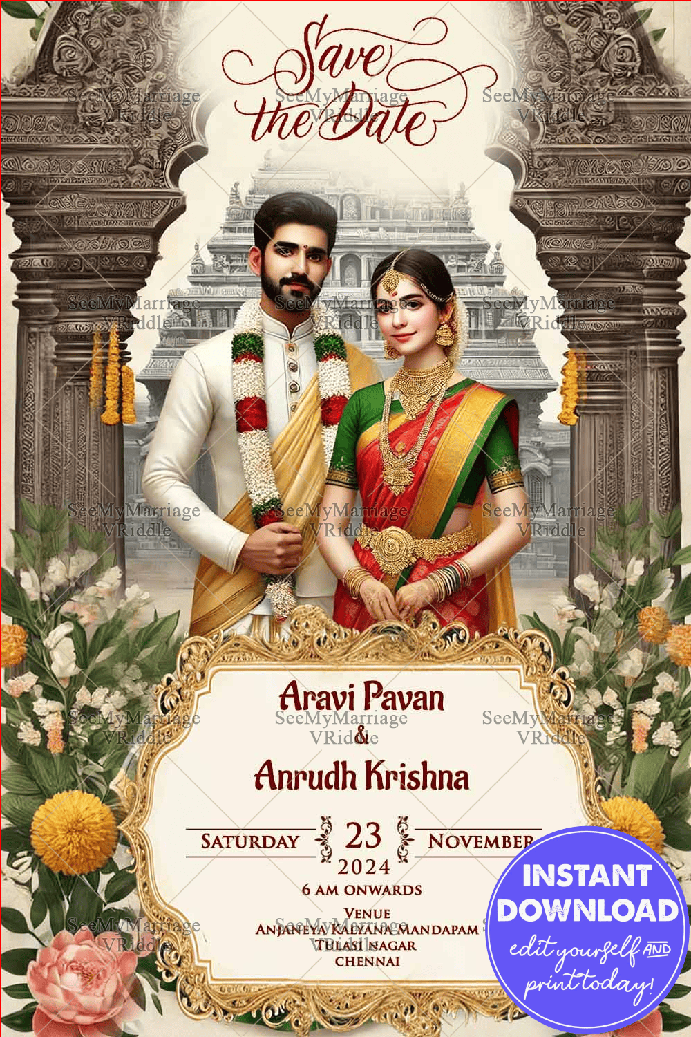 Floral Theme Tamil Wedding Invitation with Couple Illustration and ...
