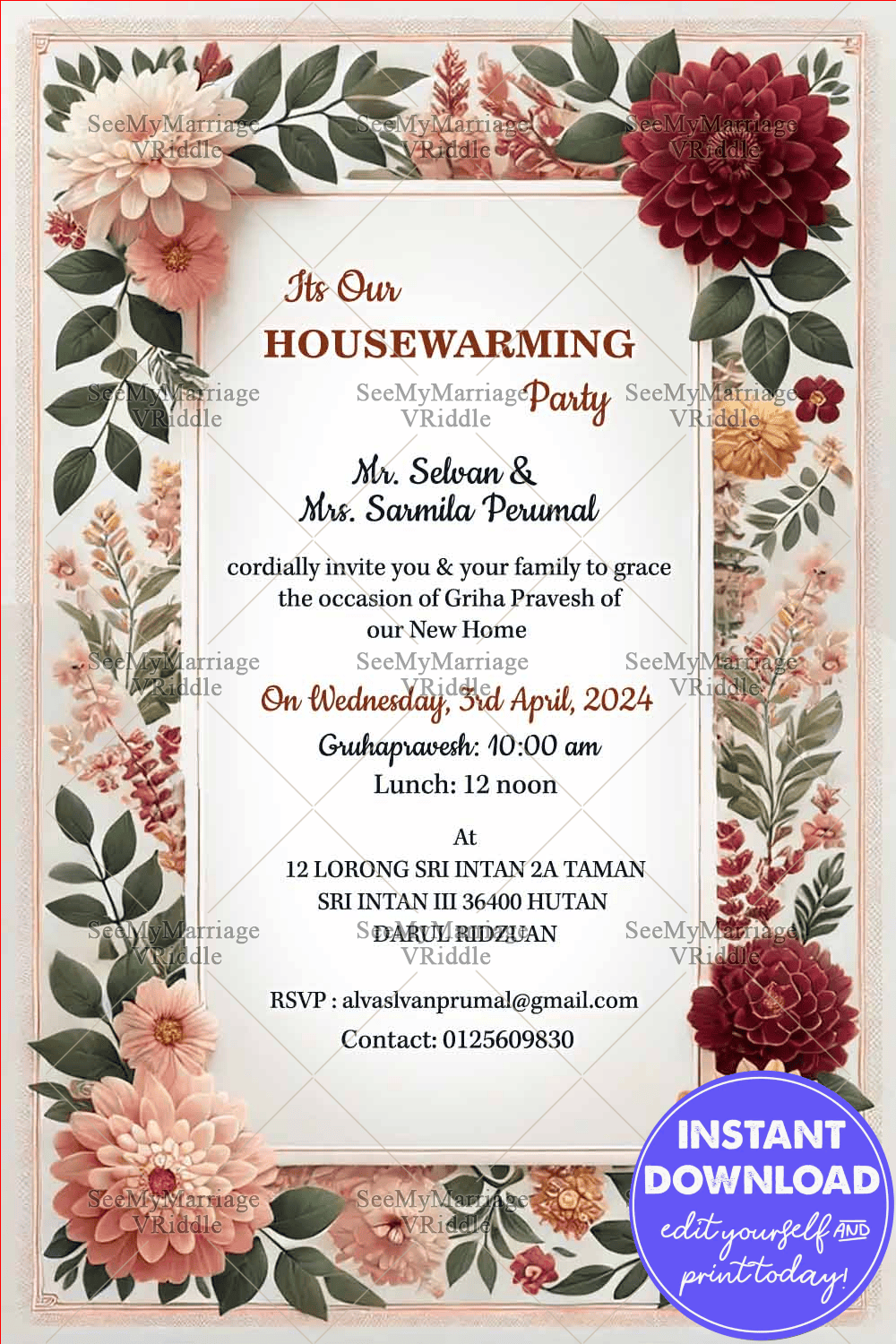 Floral Themed Housewarming Party Invitation with White Color Background ...