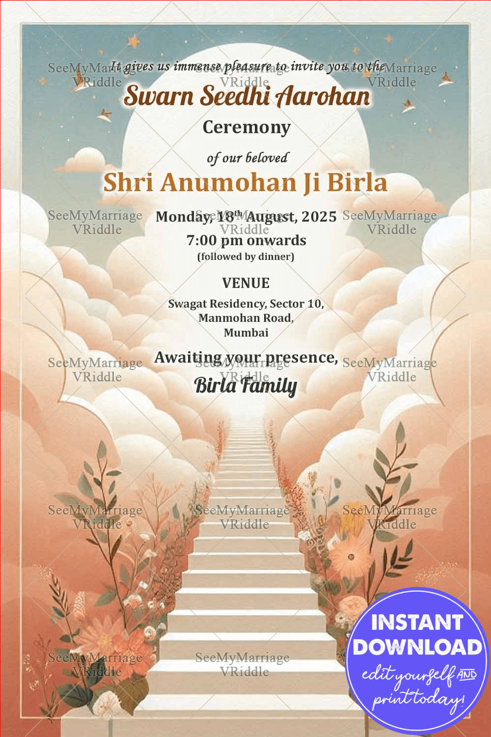 Heavenly Ascend Swarn Seedhi Aarohan Ceremony Invitation with Pink ...