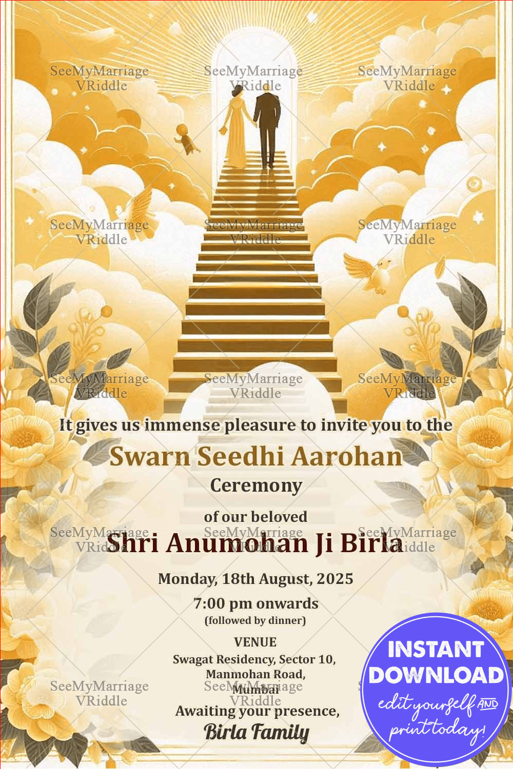 Path of Light Swarn Seedhi Aarohan Ceremony Invitation with Golden ...