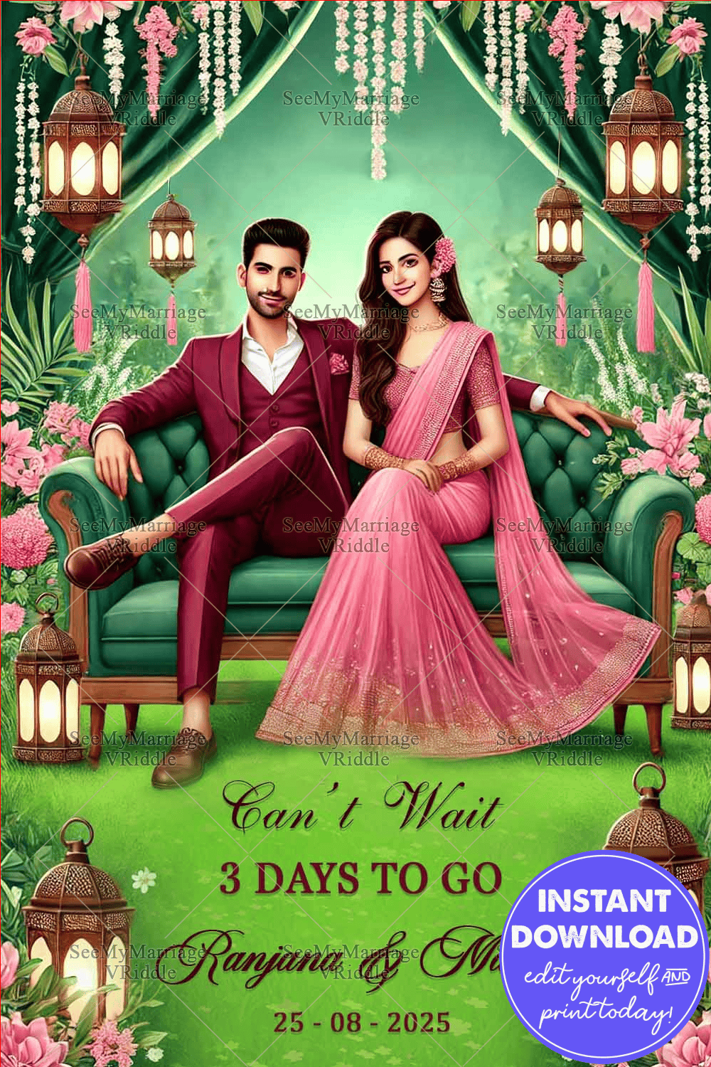 Romantic Wedding Countdown Invitation with Greenery and Lanterns Theme and Stylish Couple ...