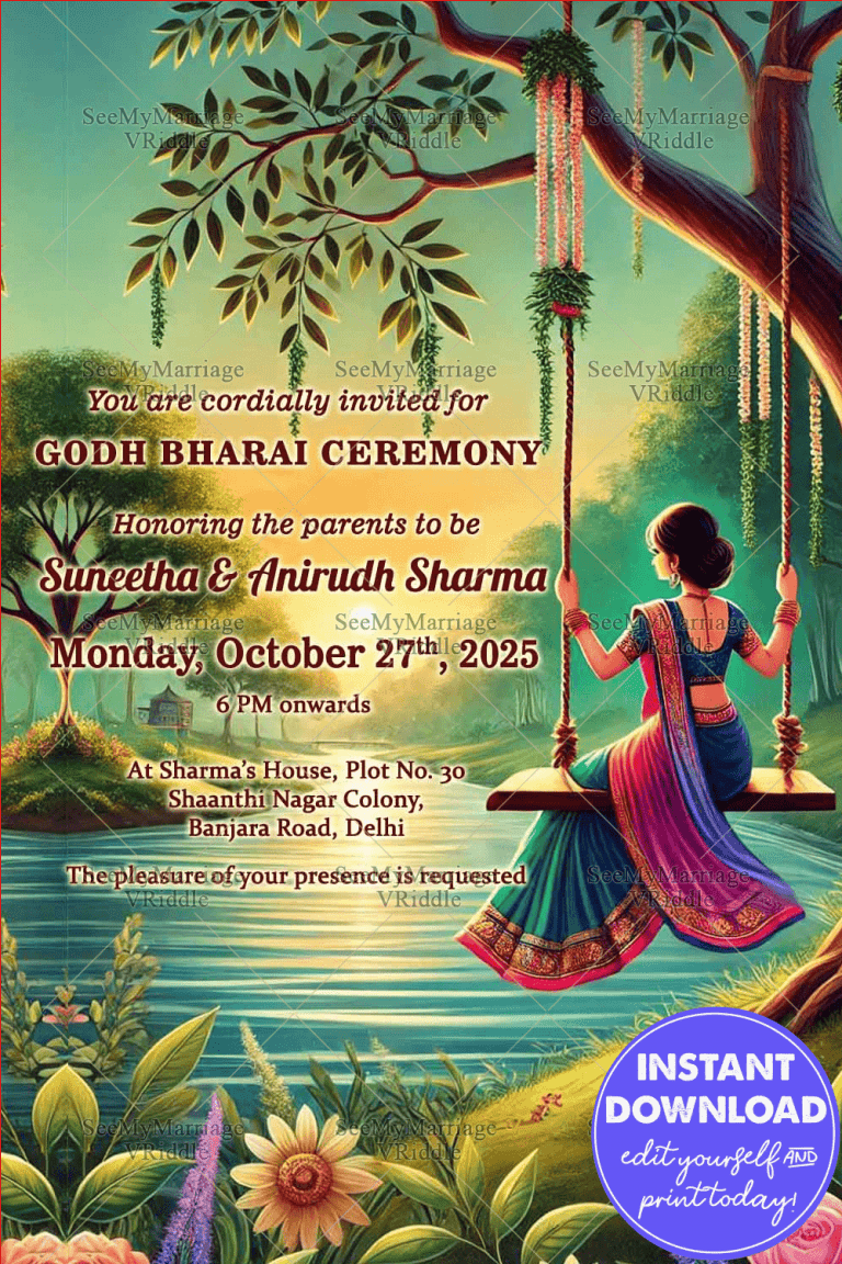 Serene Swing Theme Godh Bharai Ceremony Invitation with Tranquil Sunset ...