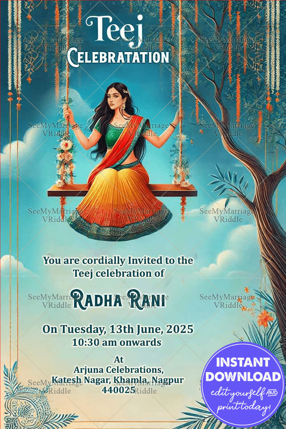 Traditional Hariyali Teej Invitation card with Floral Swing Theme and ...