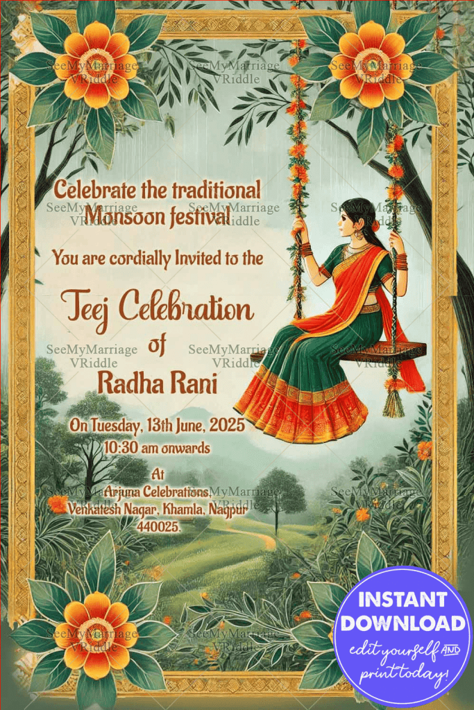 Vibrant Teej Festival Celebration Invitation with Floral Swing Theme ...