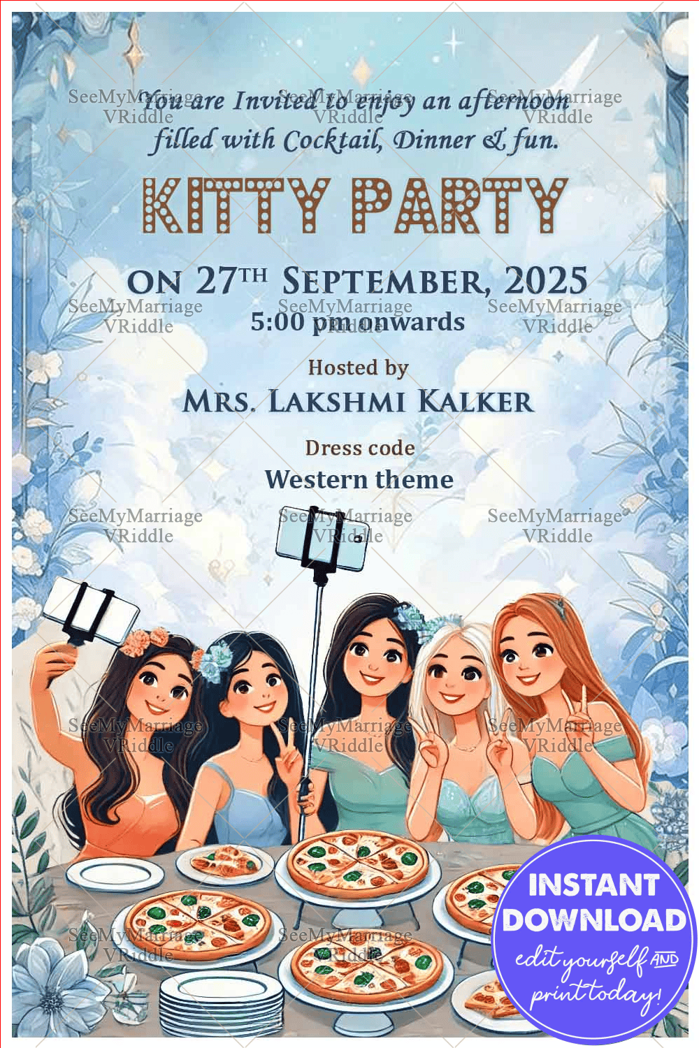 Western Theme Kitty Party Invitation with Blue Color and Floral Motifs ...