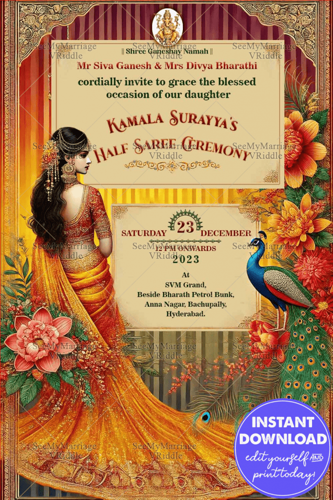 Yellow Theme Half Saree Ceremony Invitation with Majestic Peacock ...