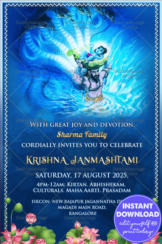 Divine Protection Krishna Janmashtami Invitation Card with Vasudeva and ...
