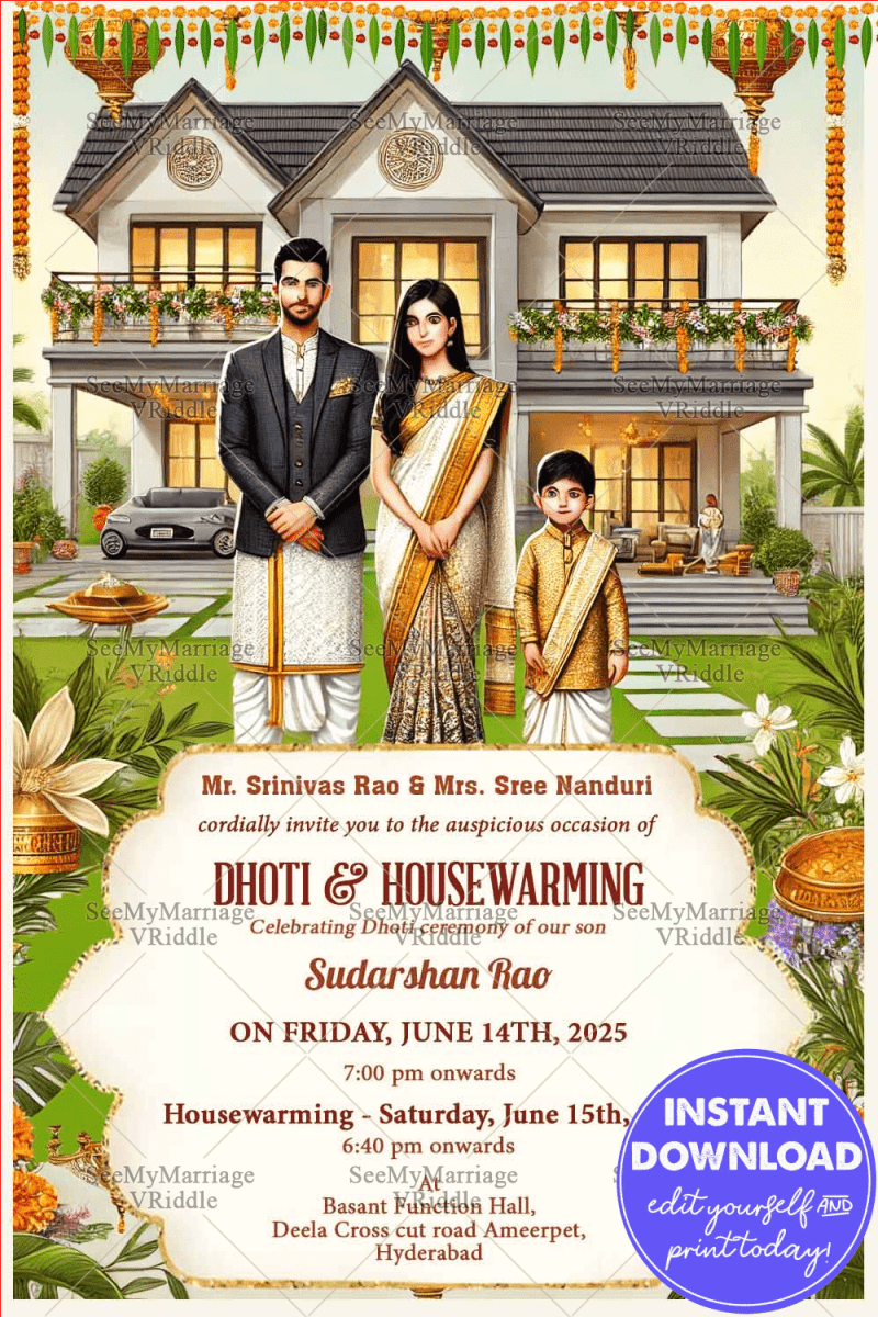 Family Themed Dhoti and Housewarming Ceremony Invitation Card with ...