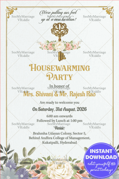Floral Key Housewarming Invitation Card with Gold Accents and Pastel ...