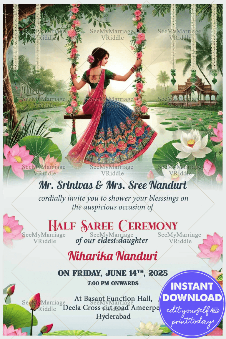 Floral Swing Theme Half Saree Ceremony Invitation Card with Serene Lake Background – SeeMyMarriage