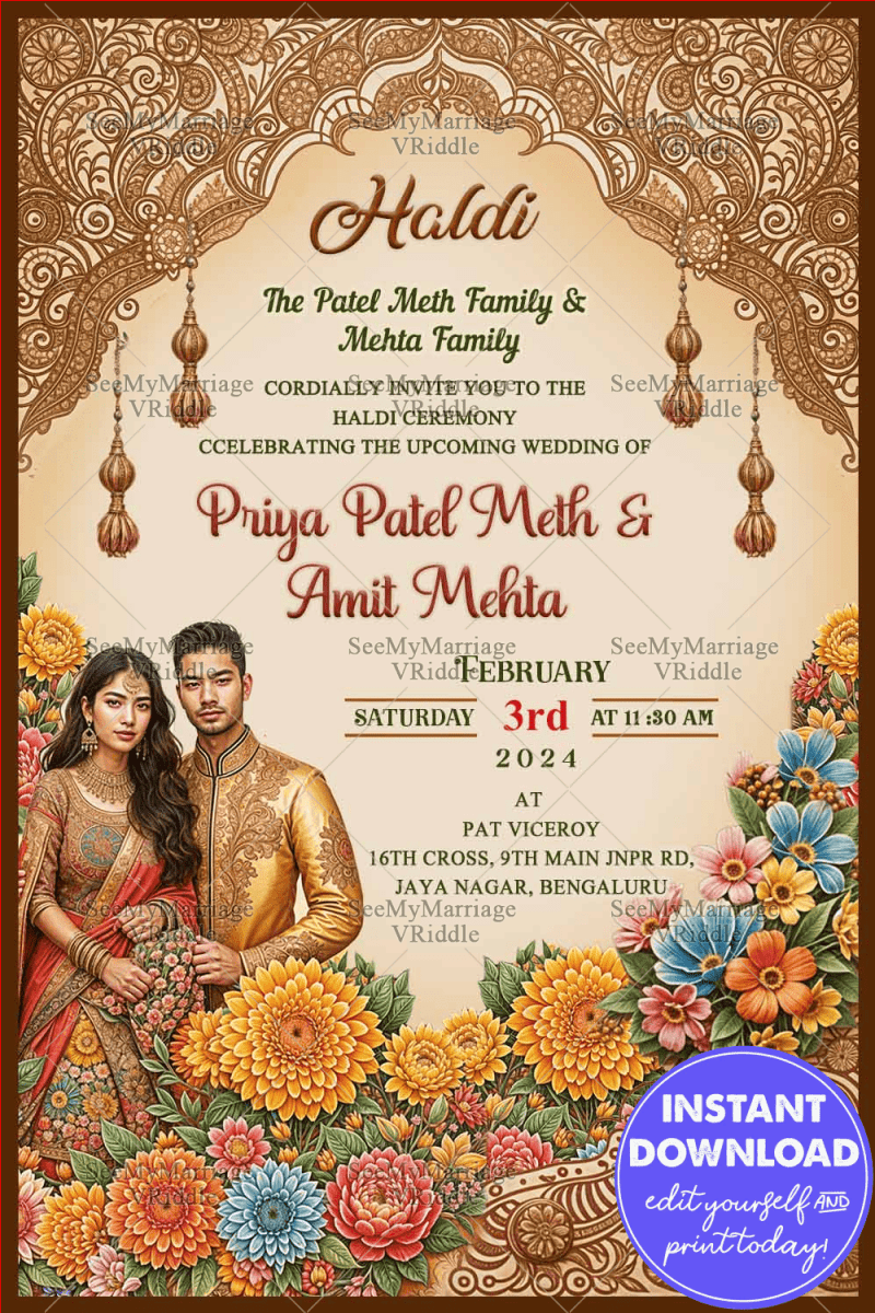 Floral Theme Haldi Ceremony Invitation Card with Graceful Couple ...