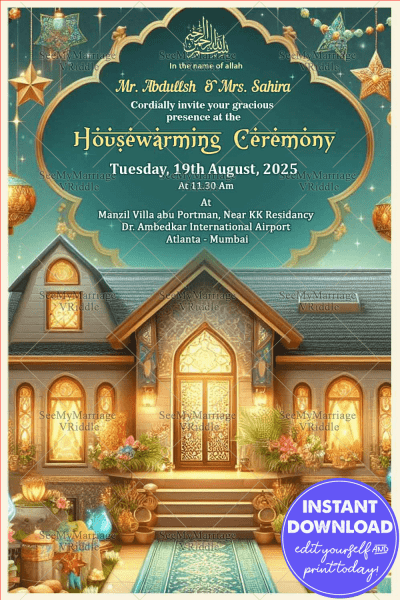Golden Home Themed Muslim Housewarming Invitation Card with Lanterns ...