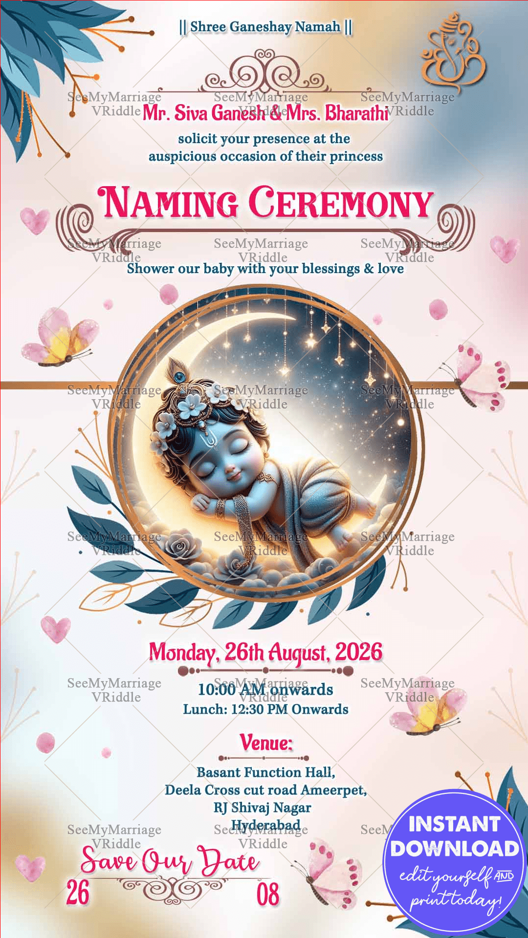 Krishna Themed Naming Ceremony Invitation Card with Pink and Blue Color ...