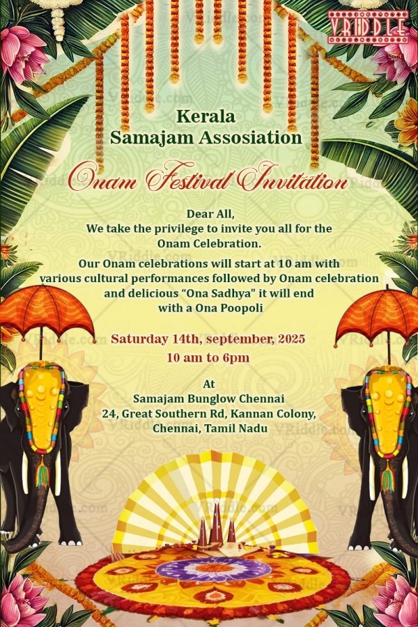Onam Festival Invitation Card with Traditional Elephants and Pookalam ...