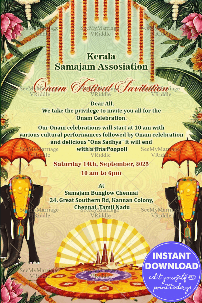 Onam Festival Invitation Card with Traditional Elephants and Pookalam ...