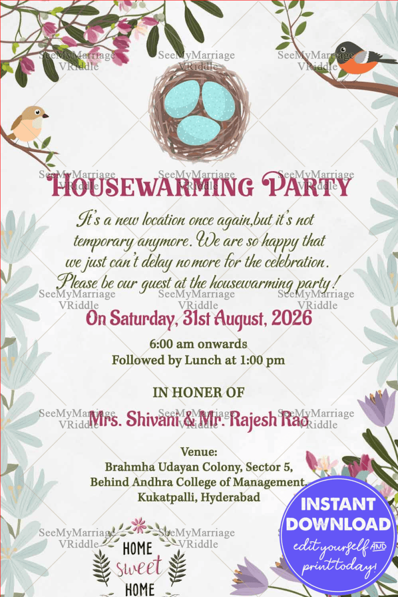 Rustic Nest Theme Housewarming Party Invitation Card with Floral ...