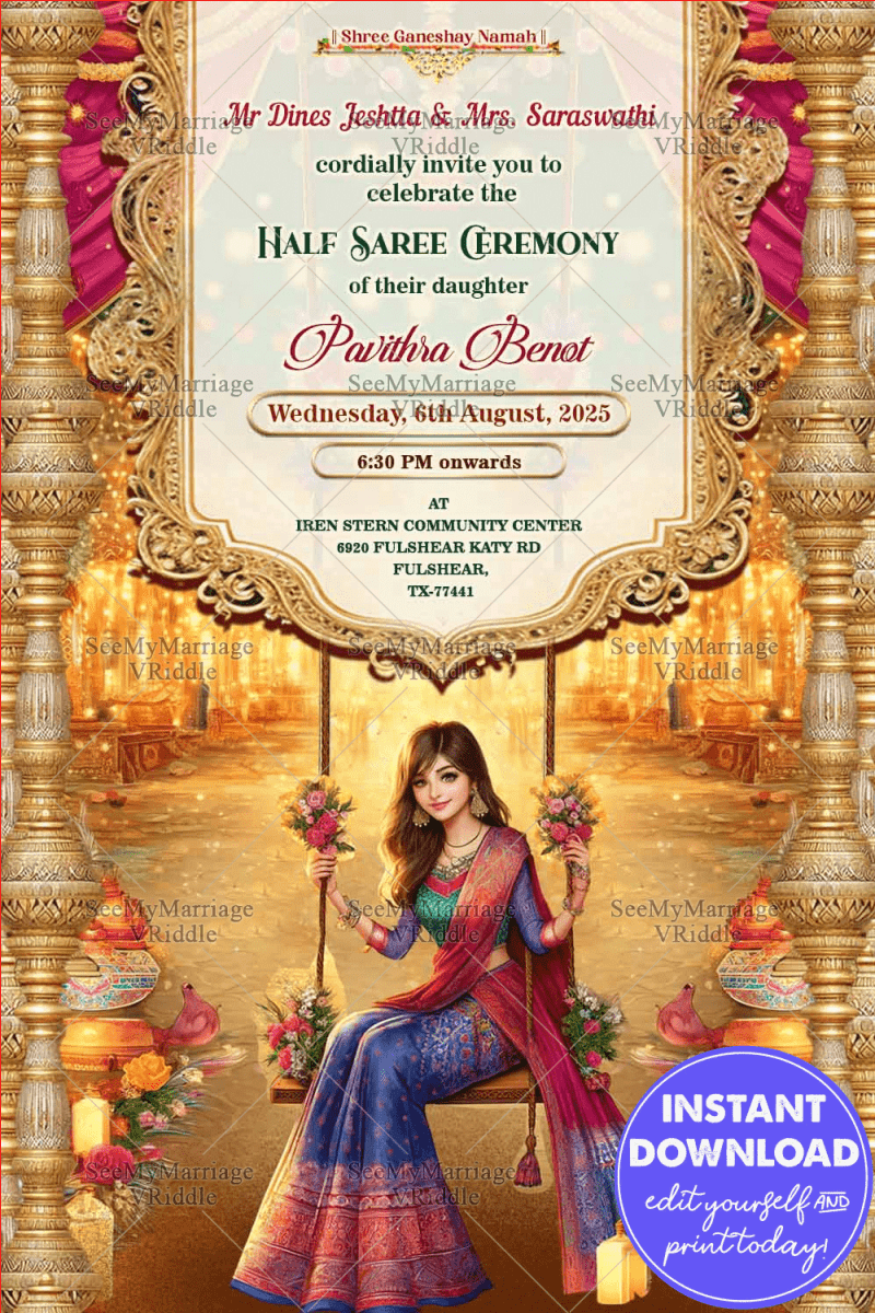 Swing Girl Theme Half Saree Ceremony Invitation with Golden Ornate Pillars and String Lights ...