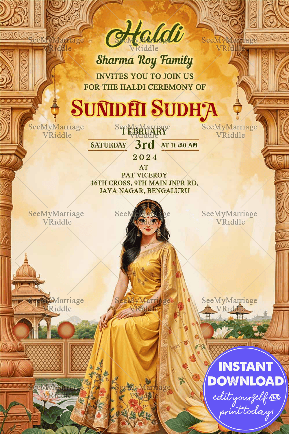 Traditional Bride Haldi Ceremony Invitation with Graceful Cartoon ...