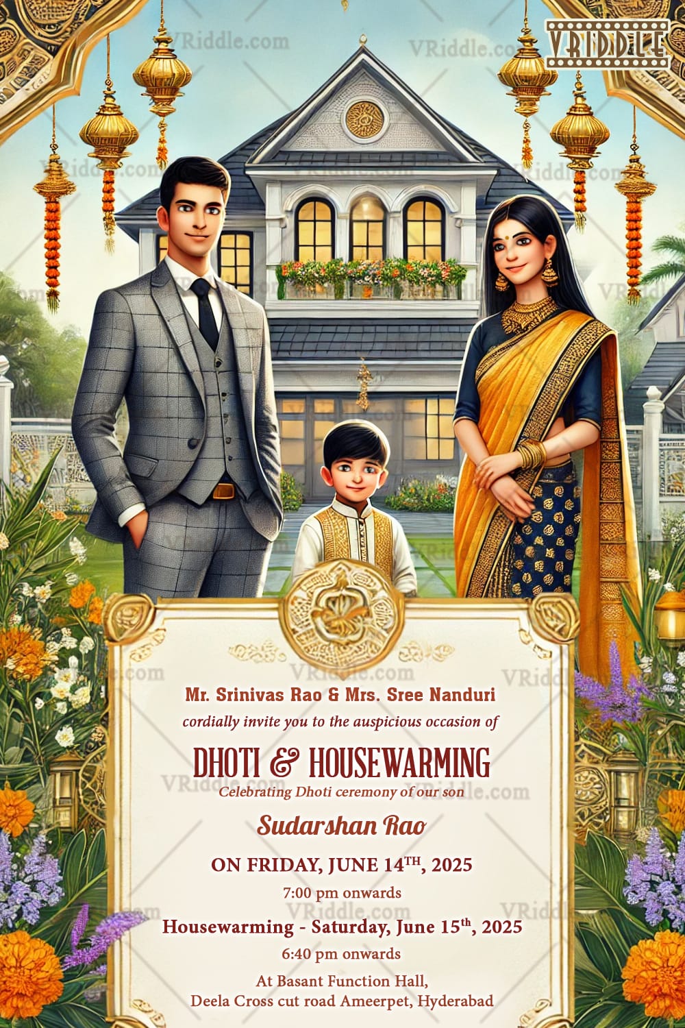Traditional Dhoti and Housewarming Ceremony Invitation with Family ...