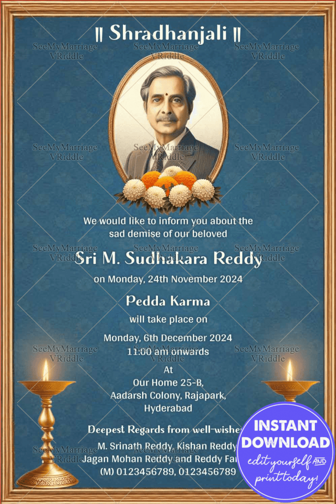 Traditional Shraddanjali Invitation Card with Blue Theme and Add Photo ...