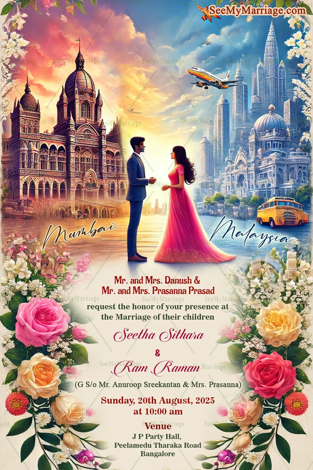 Two States Union Wedding Invitation Card with Couple Illustration and ...