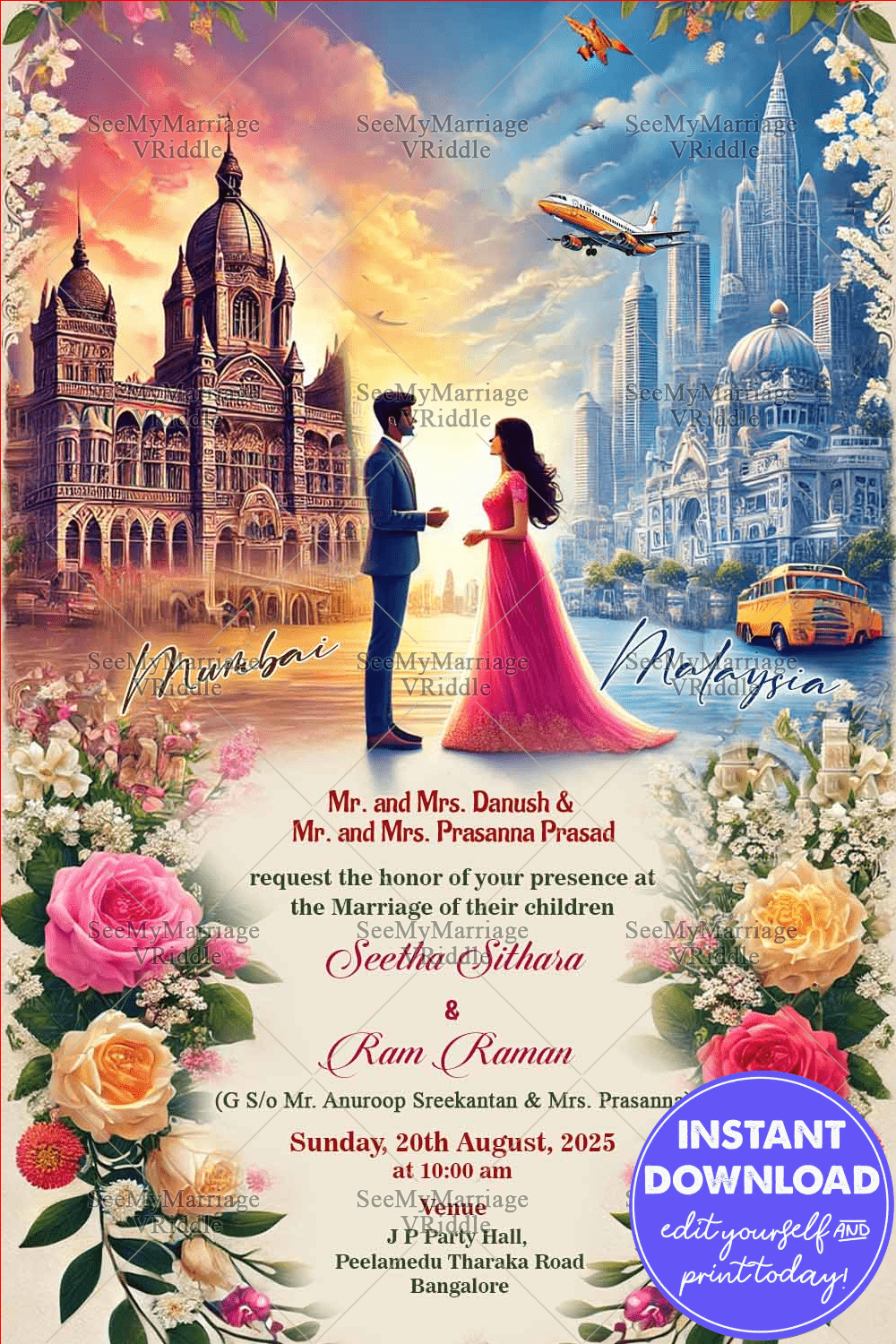 Two States Union Wedding Invitation Card with Couple Illustration and ...