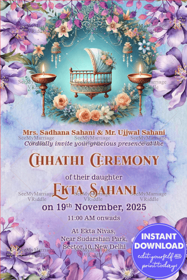 Bloom Fantasy Chhathi Ceremony Invitation Card with Lavender Theme ...