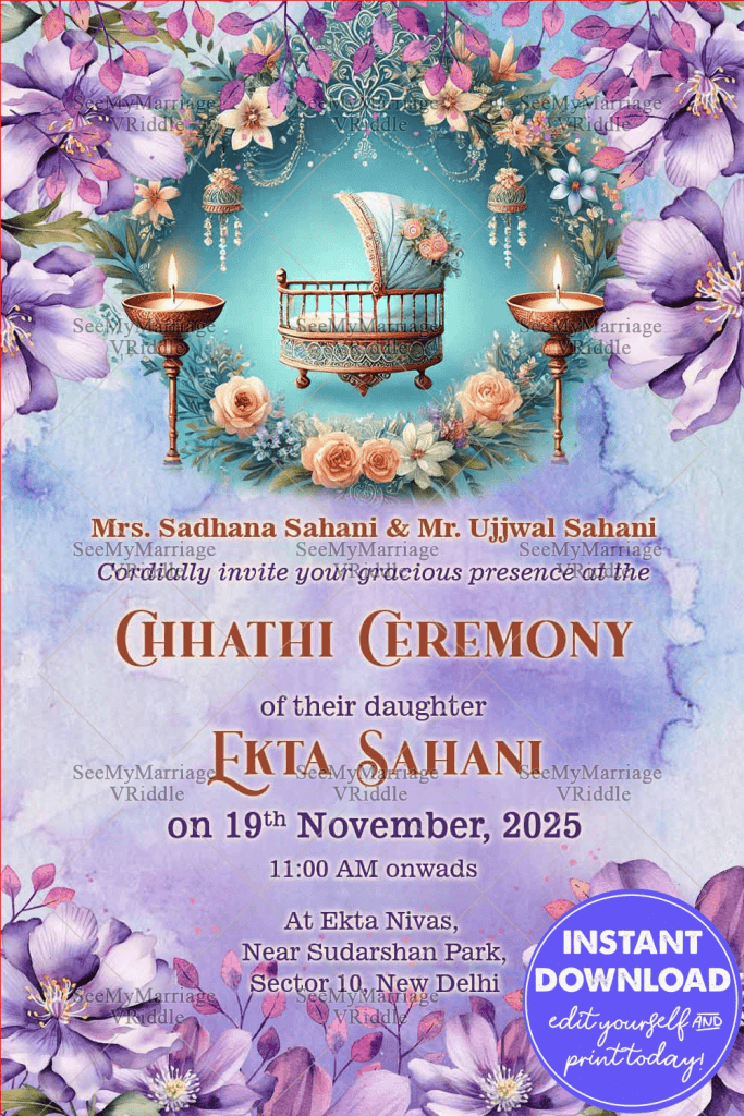 Bloom Fantasy Chhathi Ceremony Invitation Card with Lavender Theme ...