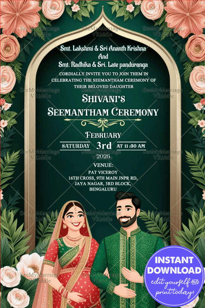 Floral Archway Theme Seemantham Ceremony Invitation Card with Cute ...