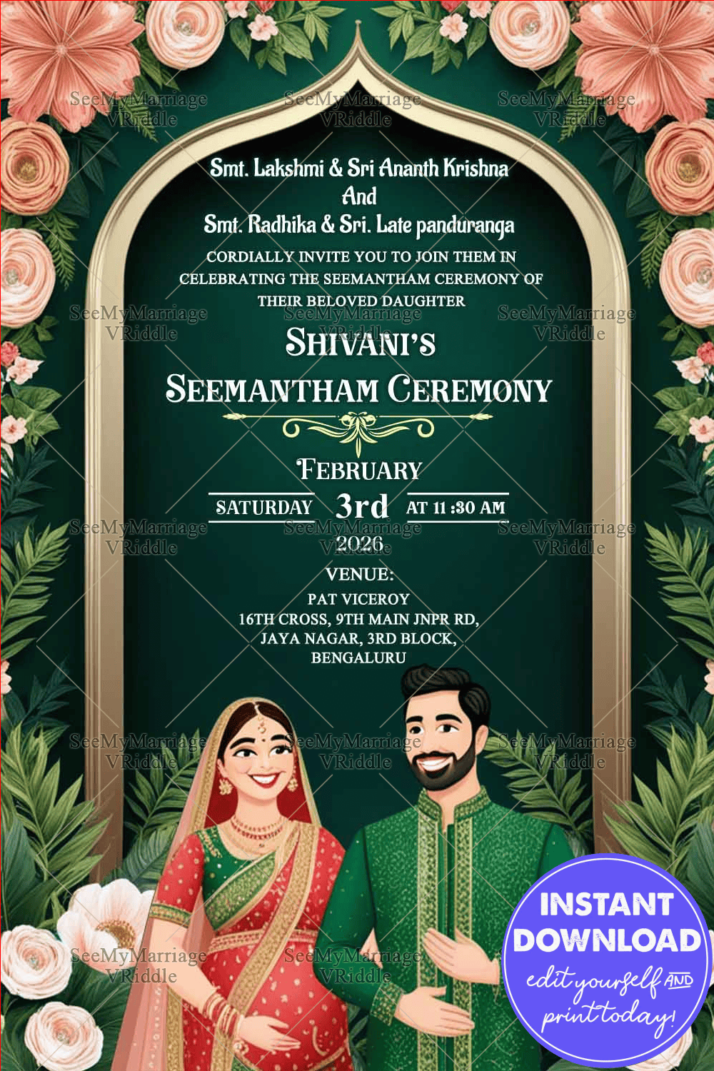 Floral Archway Theme Seemantham Ceremony Invitation Card with Cute ...