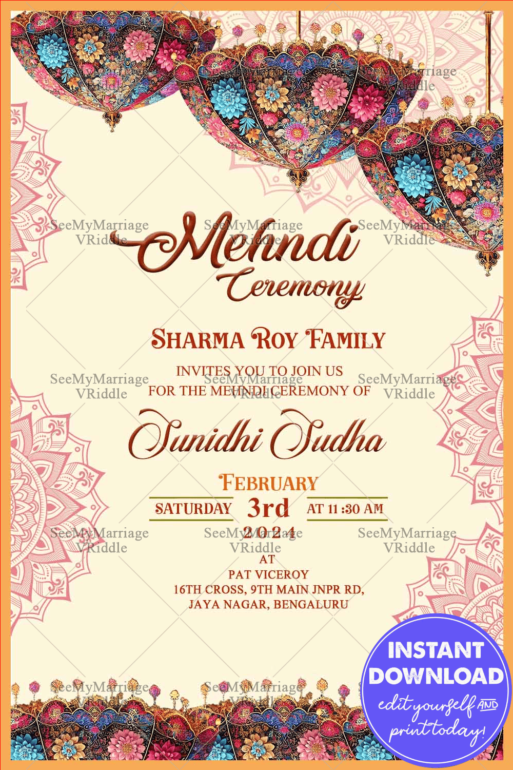 Floral Parasol Mehndi Ceremony Invitation Card with Cream Theme ...