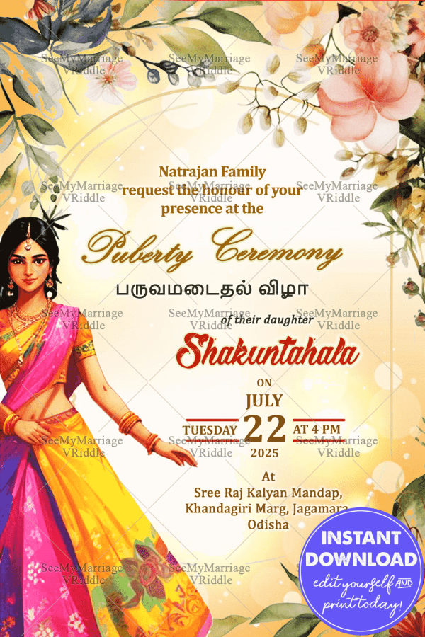 Floral Traditional Puberty Ceremony Invitation Card with Yellow Theme ...