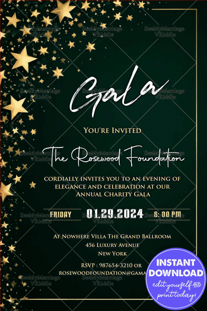 Golden Stars Theme Gala Party Invitation Card with Night of Elegance ...